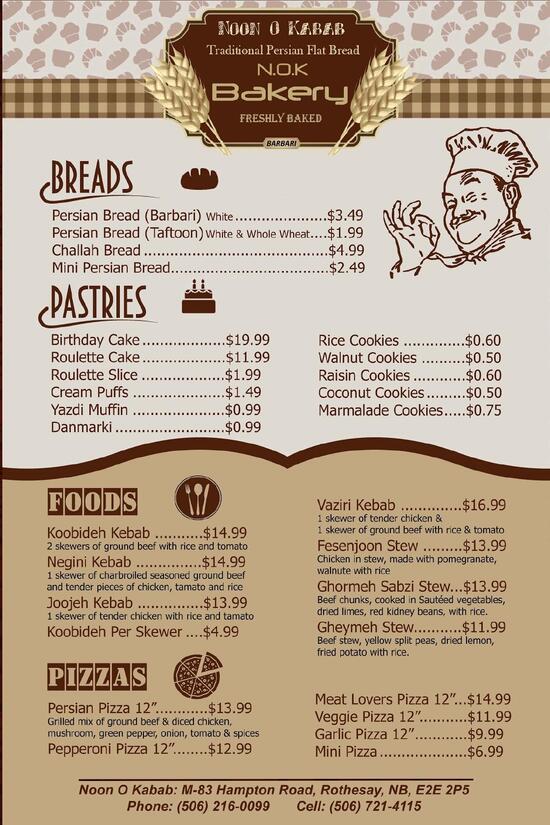 Menu at Noon O Kabab - Bakery and catering, Rothesay