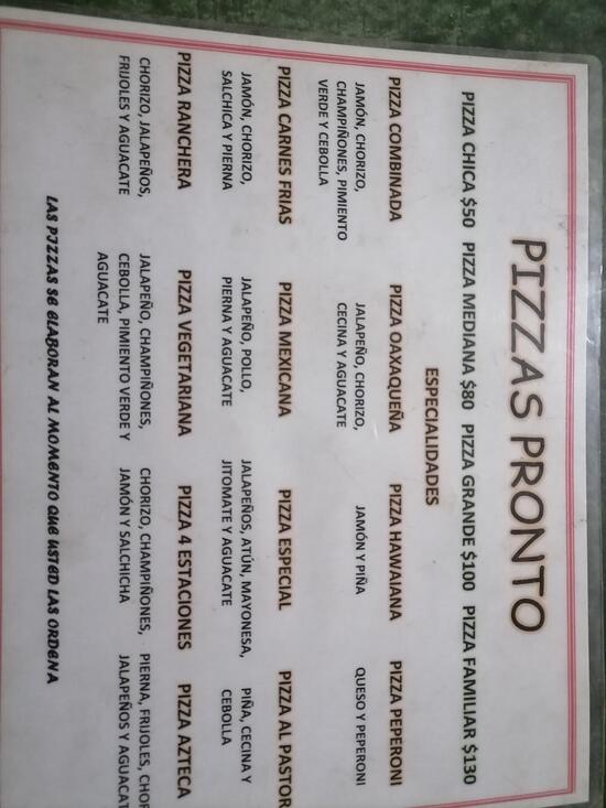 Menu at Pizzas Pronto restaurant, San Francisco Telixtlahuaca