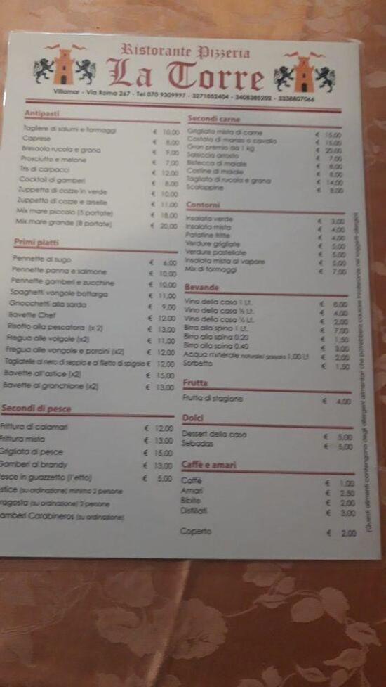 Menu da Ristorante Pizzeria La Torre, Villamar