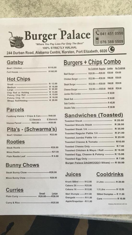 Menu at Burger Palace restaurant, Port Elizabeth