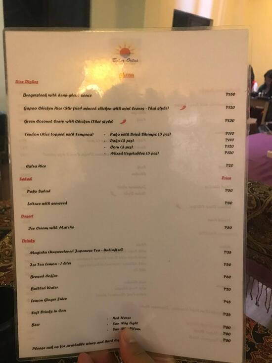 Carta de Baler-Ortus Restaurant and Bar, Baler