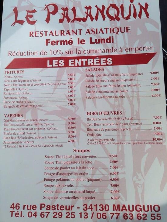 Menu at Le Palanquin restaurant, Mauguio