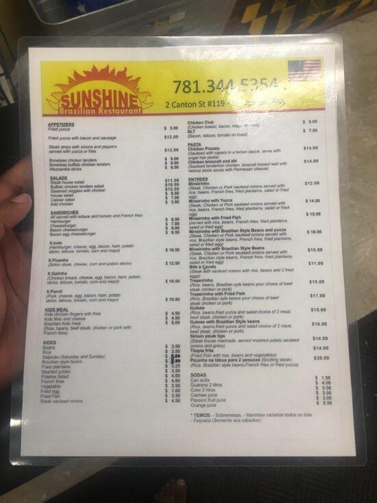 Menu at Sunshine Breakfast & Grille restaurant, Stoughton
