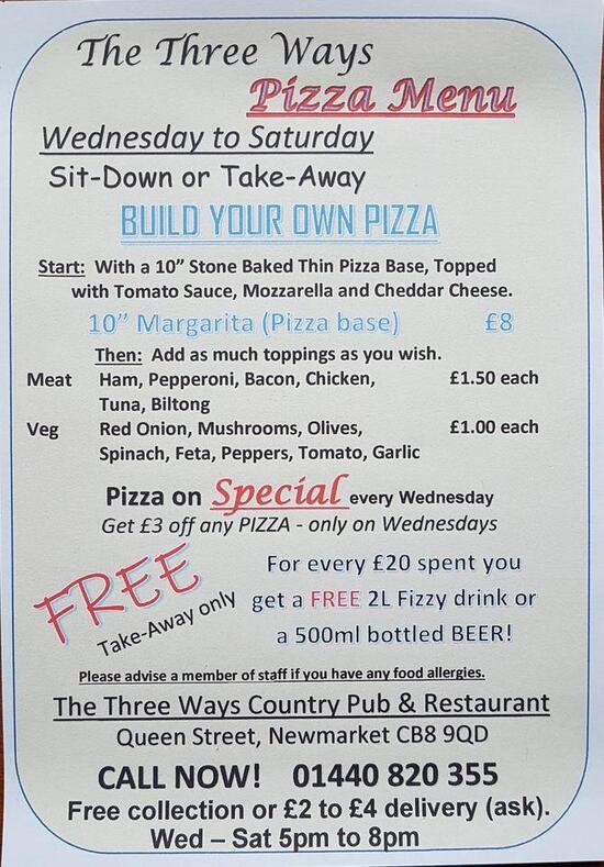 Menu at The Three Ways Country Pub and Restaurant, Cowlinge
