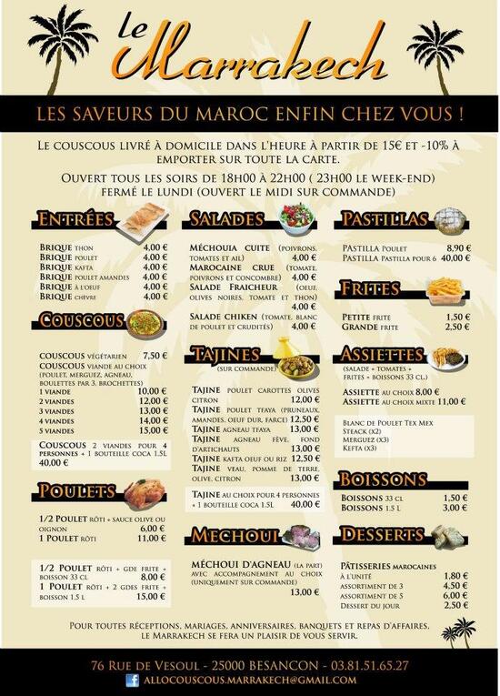 Menu at LE Marrakech restaurant, Besançon, 76