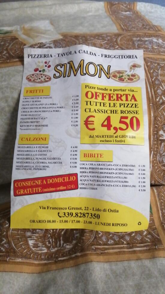 Menu at Simon pizzeria, Ostia