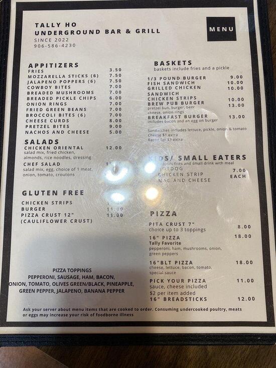 Menu at Tally Ho Underground Bar & Grill, USA