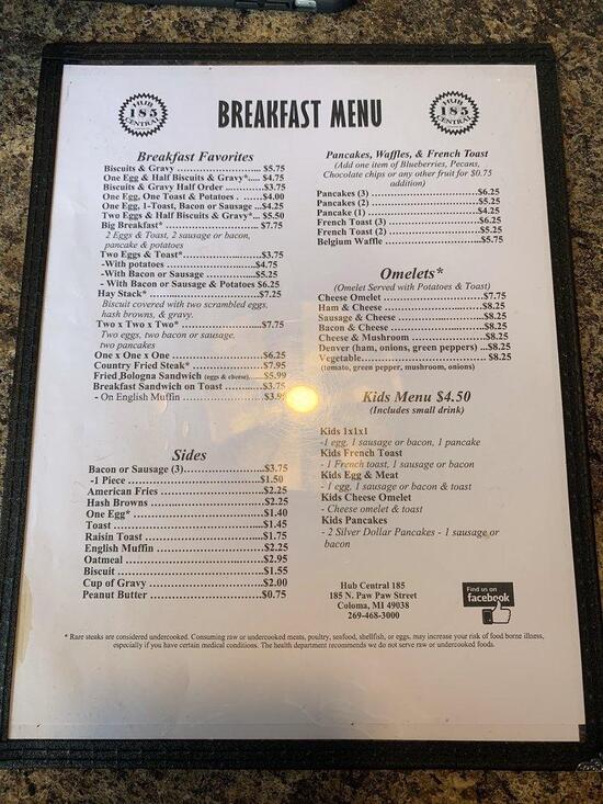 Menu at Hub Central 185 restaurant, Coloma
