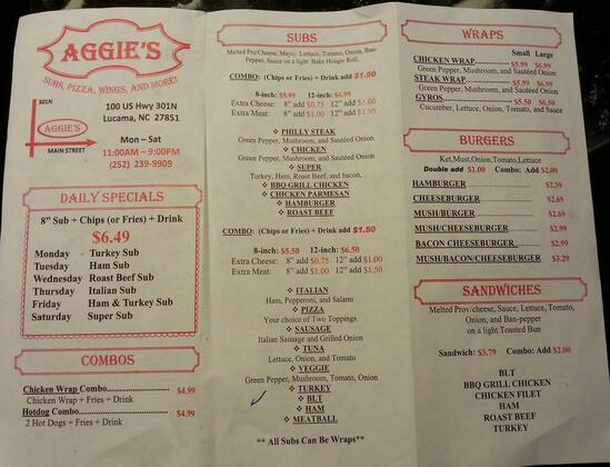 Menu at Aggie's Steak restaurant, Lucama