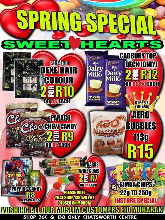 Carta de Sweethearts chatsworth centre, Durban