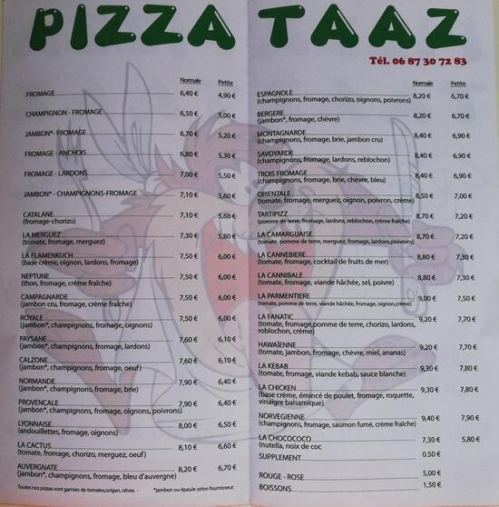 Menu at Pizza Taaz restaurant, Souvigny