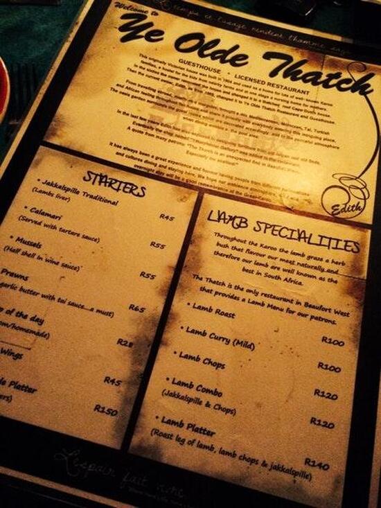 Menu at Ye Olde Thatch Restaurant, Beaufort West
