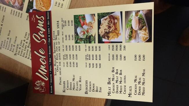Menu at Uncle Sams restaurant, South Hedland