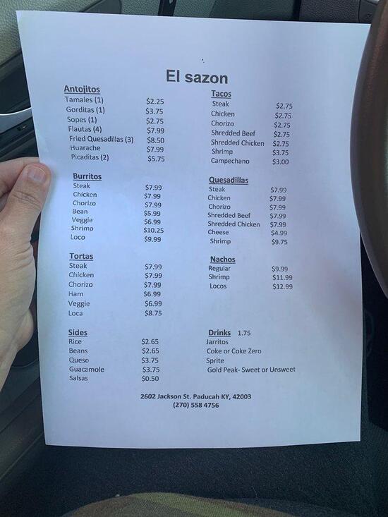 Menu at El SAZON restaurant, Paducah