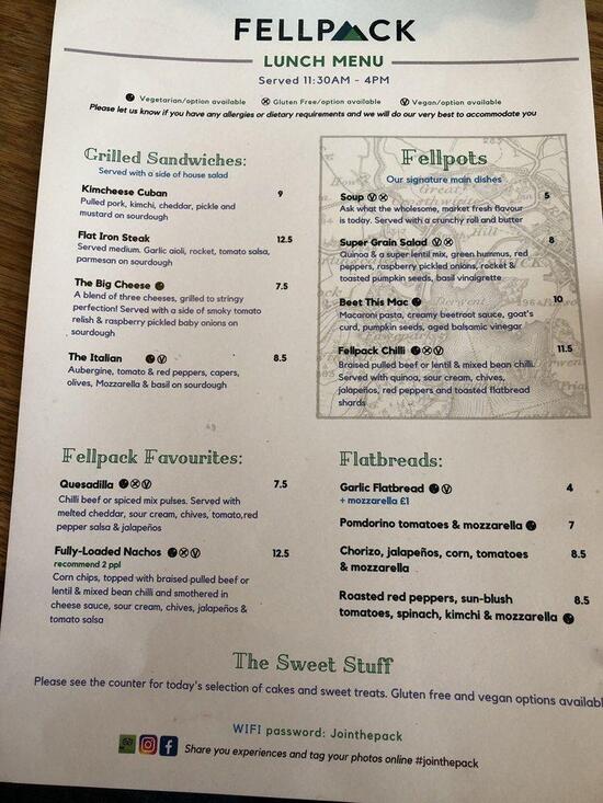 Menu at Fellpack restaurant, Keswick