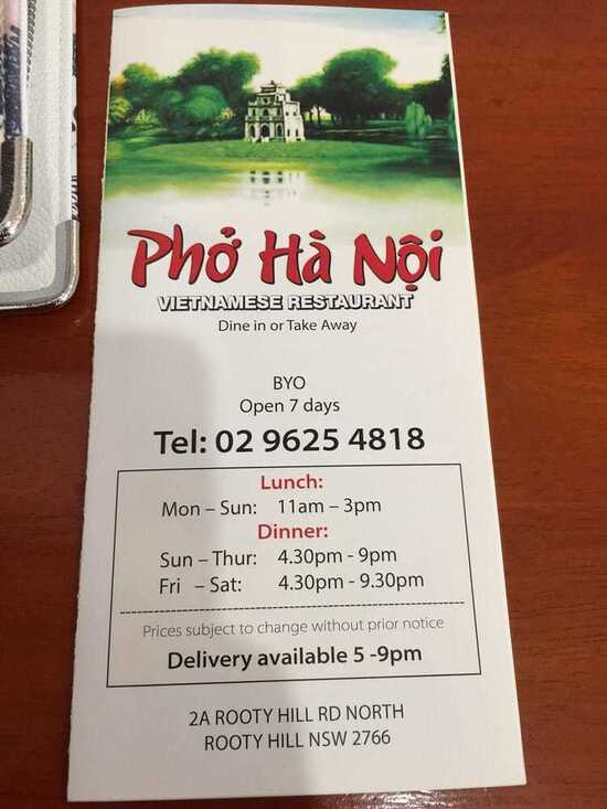 Menu at Pho Ha Noi Restaurant, Rooty Hill