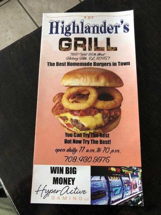 Menu at Highlander's Grill restaurant, Hickory Hills