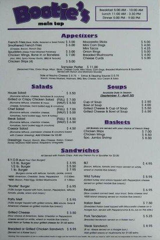 Menu at Bootie's Main Tap pub & bar, Pecatonica