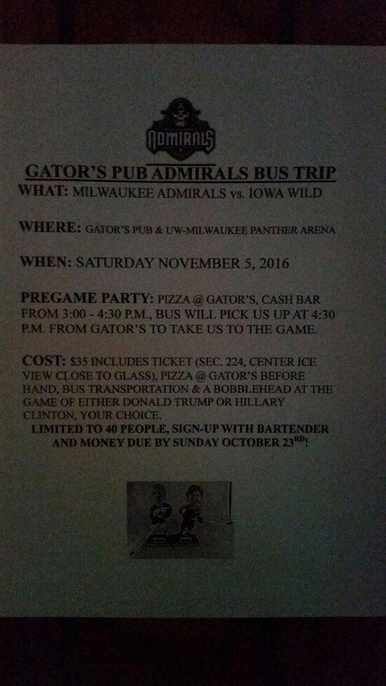 Menu at Gator’s Pub, Milwaukee