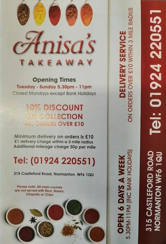 Menu at Anisa's Takeaway restaurant, Normanton