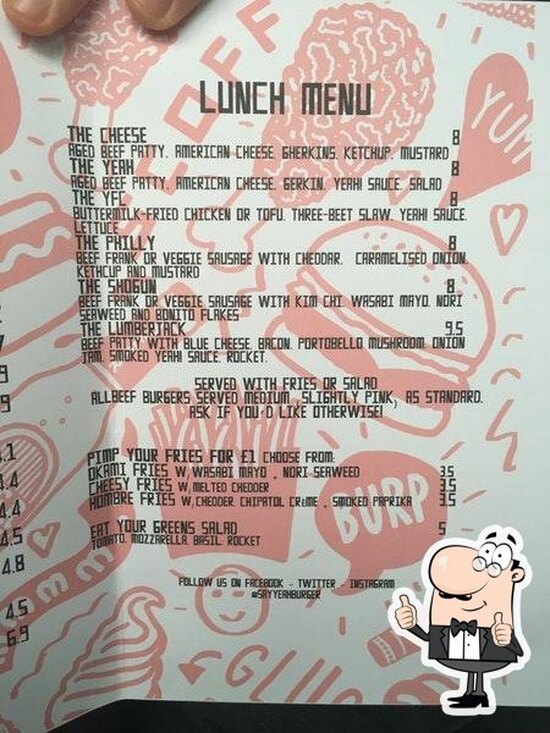 Menu at Yeah! Burger restaurant, London, 126 York Wy