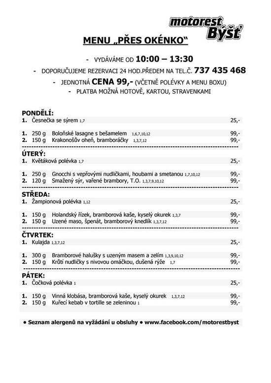 Menu at Motorest Býšť restaurant, Býšť