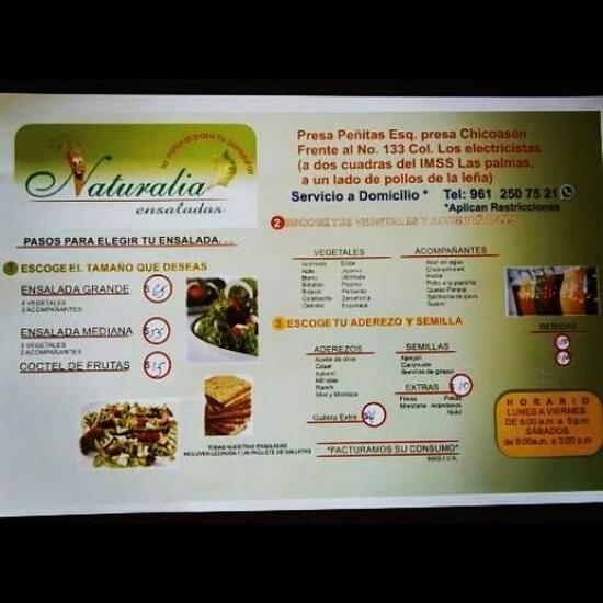 Menu at Naturalia restaurant, Tuxtla Gutiérrez