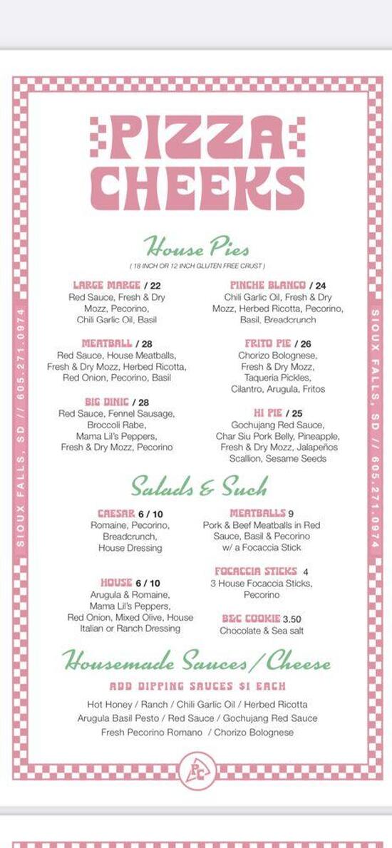 Menu at Pizza Cheeks pizzeria, Sioux Falls