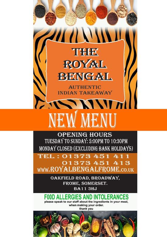 Menu at The Royal Bengal pub & bar, Frome, Oakfield Road