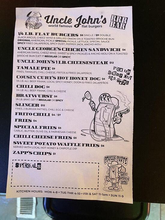 Menu at Uncle John's RRR Bar, Waterloo
