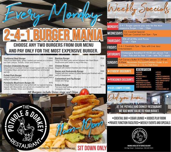 Menu at the Pothole & Donkey restaurant, Grahamstown