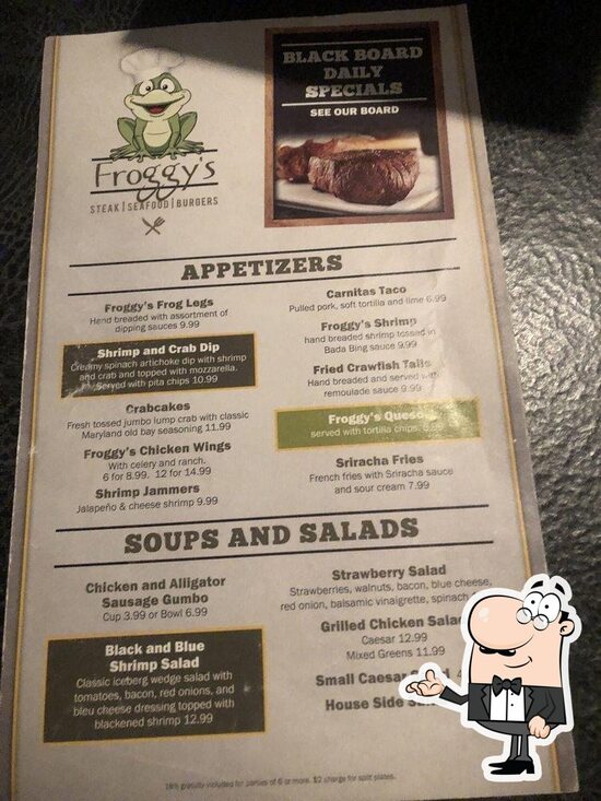 Menu at Froggy's steakhouse, Hot Springs, Airport Rd
