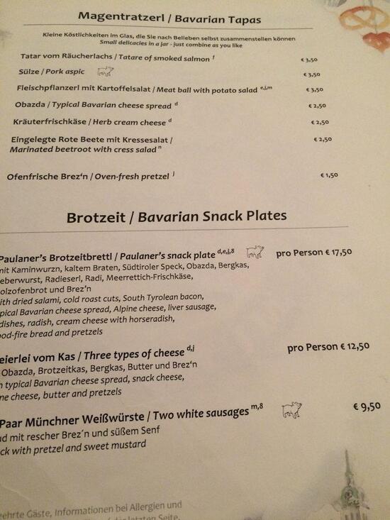 Menu at Paulaner's Wirtshaus & Biergarten pub & bar, Munich