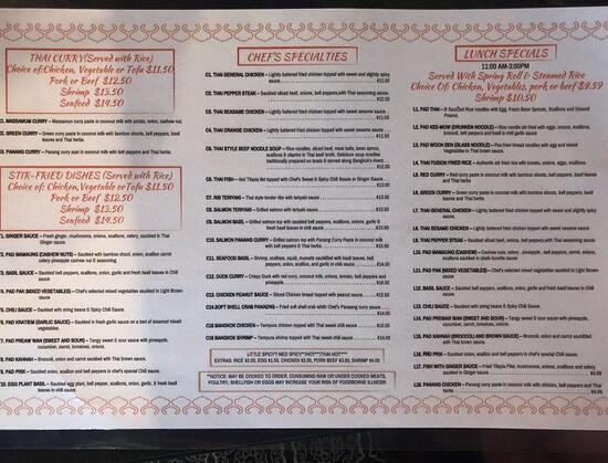 Menu at thai fusion cuisine restaurant, Pinehurst