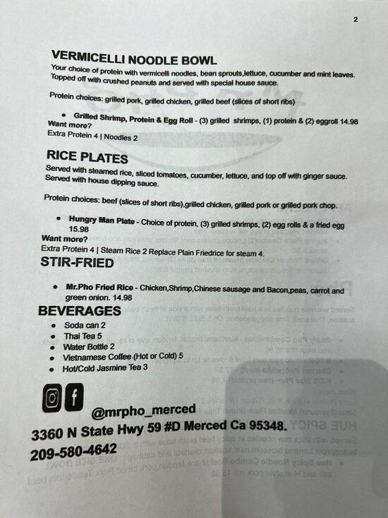 Menu at Mr Pho restaurant, Merced