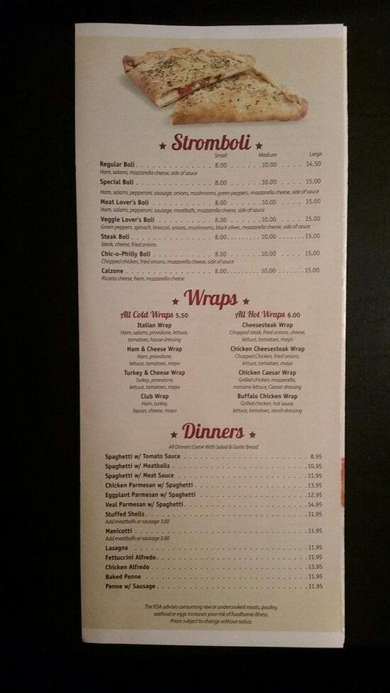 Menu at Vincenzo's Place pizzeria, York