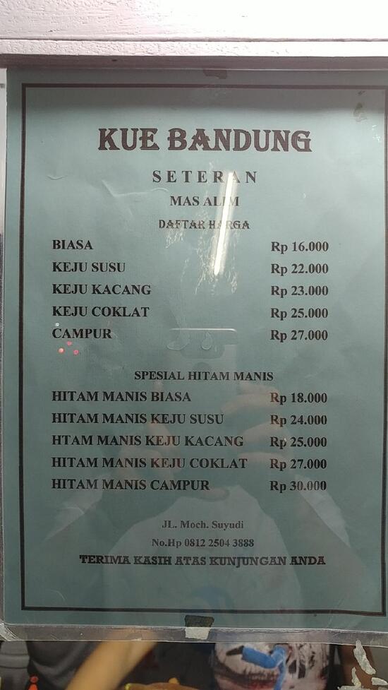Menu at Martabak Kue Bandung Seteran Mas Alim restaurant, Semarang