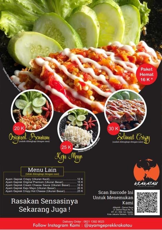 Menu at Ayam Geprek Krakatau restaurant, South Jakarta