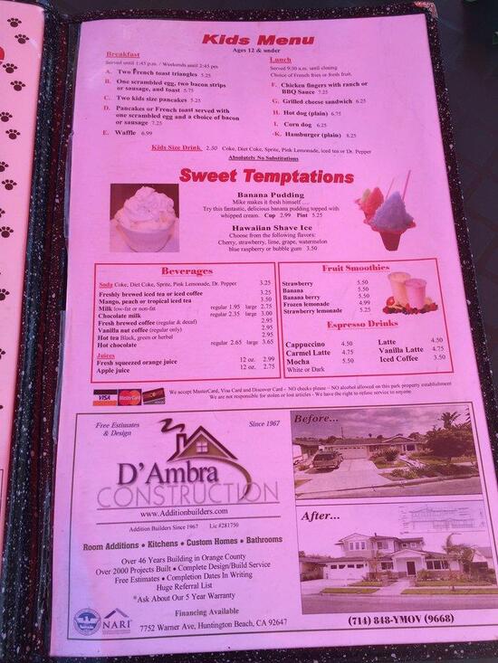 Menu at Park Bench Cafe, Huntington Beach