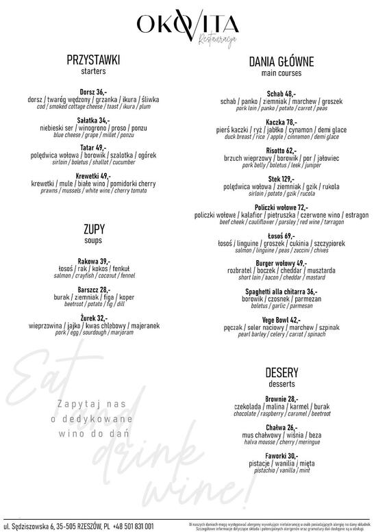 Menu at Restauracja Okovita restaurant, Rzeszow