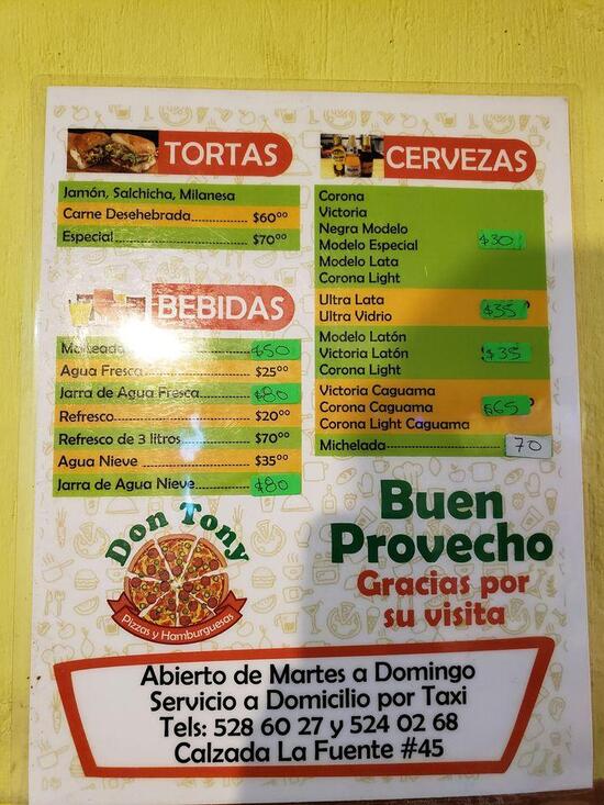 Menu at Don Tony pizzeria, Uruapan
