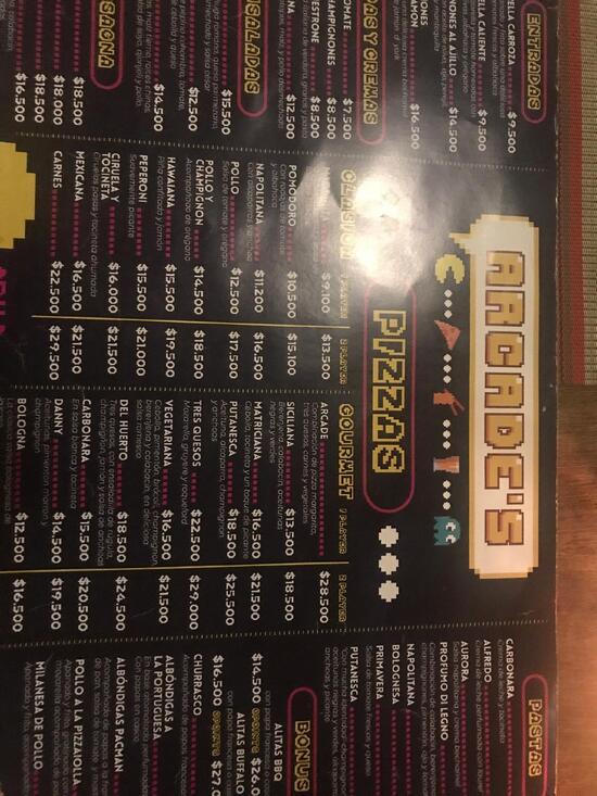 Menu at Arcade's restaurant, Bogotá
