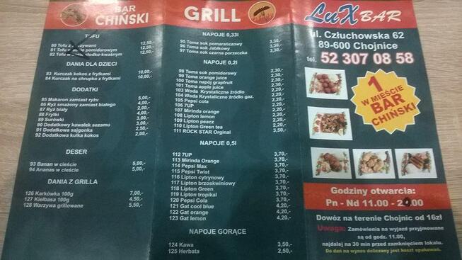 Menu at LuX BAR, Chojnice