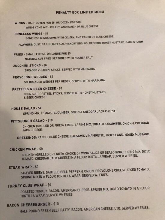 Menu at Penalty Box pub & bar, Economy, Freedom Crider Rd