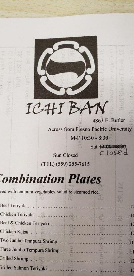 Menu at Ichiban restaurant, Fresno