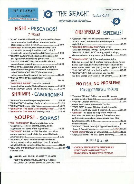 Carta de La Playa Ceviche Bar / The Beach Seafood Café, Plantation