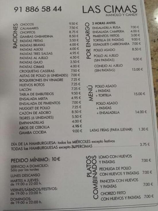 Carta de Bar Las Cimas, Camarma de Esteruelas