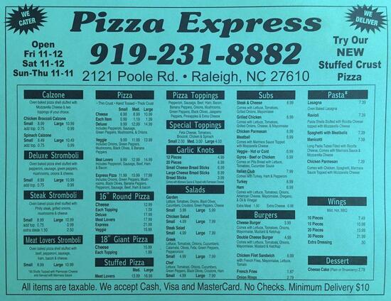 Menu at Pizza Express pizzeria, Raleigh, Poole Rd
