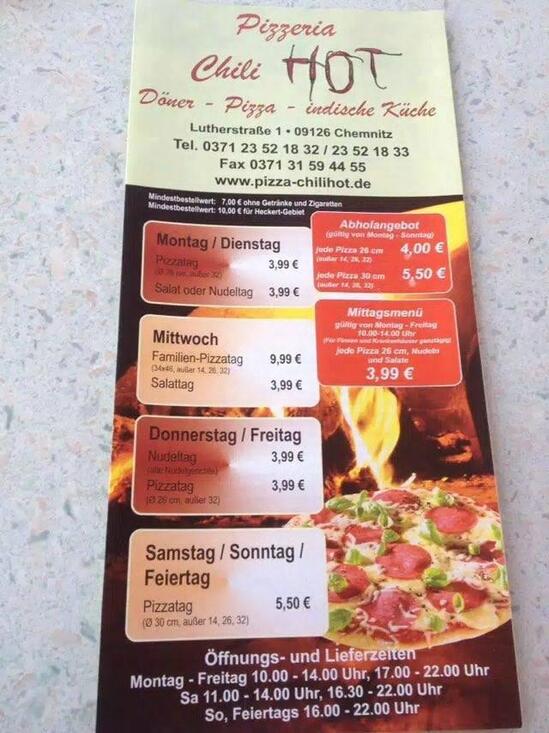 Speisekarte von Pizzeria Chili Hot Chemnitz, Chemnitz