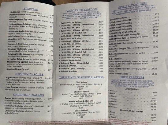 Menu at Christine’s Seafood restaurant, El Campo